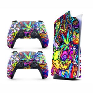 hk studio hippie art decal sticker skin specific cover for both ps5 disc edition and digital edition - waterproof, no bubble, including 2 controller skins and console skin