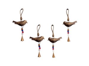 mie creations sparrow décor, metal birds carved wings, feather (set of 4) | wildlife wall art hanging, garden miniature ornaments for crafts, home | rustic gold bird figurines with jingle bells-4.5''