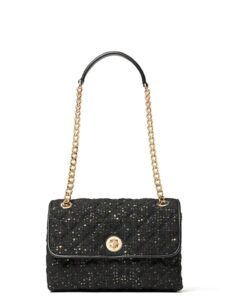 kate spade natalia sequin tweed fabric medium flap shoulder bag in black