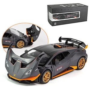 1:24 alloy diecast car model for lamborghini huracan sto 2021 toy car, pull back vehicles model cars toy for kids 3 to 12 years old gift adult collection car model with sound & light (advanced grey)