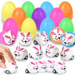 roberly 12 pack prefilled easter eggs with toys inside, filled with mini pull back bunny cars for easter basket stuffers, party favors, gift exchange, game prizes and carnivals gifts