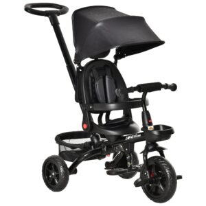 qaba kids tricycle 4 in 1 trike with reversible seat, 2.8'-3.1' height push handle, canopy, handrail, safety belt, storage footrest brake clutch, for 1-5 years old, black