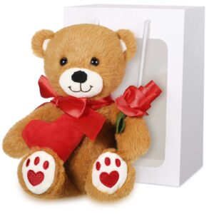 cute plush bear with rose and red heart soft plush bear stuffed animal with gift bag for mother's day present lovely bear for kids girlfriend sofa car bedroom decor, 8 inches