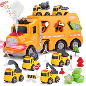 holy fun 5 in 1 construction truck toy set, transport carrier truck with spray sound& light, 4 small engineering mixer excavator crane dump car, friction power truck set, early learning gift for kids