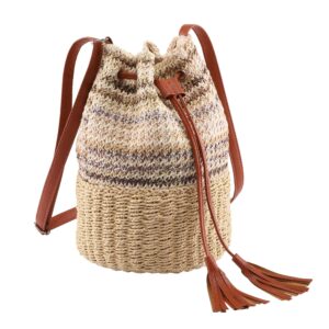 chic diary summer beach straw bag for women crossbody bucket bag handwoven rattan shoulder handbag purse (beige)