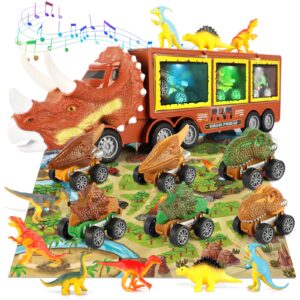 21 pack dinosaur toys for kids 3-7, dinosaur truck with oversized dinosaur map, flashing lights, music and roaring sound, kids toys with 6 pull back dinosaur cars, 6 dinosaur toys (brown)