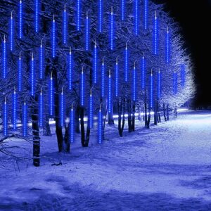 led meteor shower lights 30cm 10 tubes 300 led high brightness lcicle cascading icicle string light for christmas new year night lighting garden tree home decor, blue