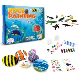 cookie & milo rock painting kit; arts & crafts for kids; glowing in the dark; hide & seek rock kits; kids painting kit; boys gift; girls gift; 6 rocks 12 ancient ocean creature, sea monsters figures