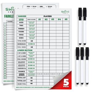 swooc games - 5 big dry erase yardzee & farkle score cards with 5 markers (11.5in x 8in) | large laminated reusable pads & pens for giant dice games | jumbo yardzee score card and farkle score sheets