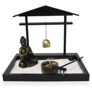 japanese zen garden kit home decor - mini zen garden buddha with bell hanging archway office desk accessories - zen sand garden desk office decor - 8.5" x 6.5" x 7"