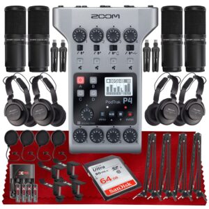 zoom podtrak p4 portable multitrack podcast recorder, audio interface w/ 4 mic inputs, 4 headphone outputs + 4x zoom zdm-1pmp 4 headphones, microphones stands & cables, 64gb sdxc, boom arms and more