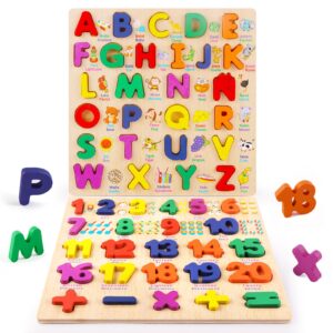 wooden puzzles for toddlers 2 in 1 wooden peg puzzle set wooden alphabet abc number puzzles board toddler preschool learning toys for kids ages 1-3 boys toys gifts