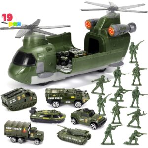 joyin military transport cargo airplane car toy play set including friction powered helicopter with light, 6 die-cast military cars & 12 army men figures for over 3 years old boys and girls