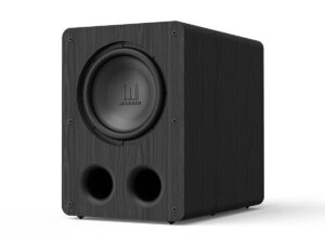 monolith m-12 v2 12-inch thx certified ultra 500 watt powered subwoofer - low distortion, high power output, vented hdf cabinet, rca and xlr inputs, for home theater systems, black ash finish