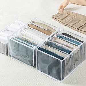 set of 2 pieces wardrobe clothes organizer, jeans leggings compartment storage box closet, 7 grids folding drawer for clothing mesh separation , transparent divider for stacking pants organizer (white)