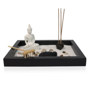 japanese mini zen garden sand box kit with incense holder and white miniature buddha statue - zen decor for relaxation and meditation - home decor, office accessory, gift set