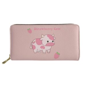 upetstory teen girls women wallet strawberry cow leather purse wristlet handbag zip around card holder money organizers travel accessory pink