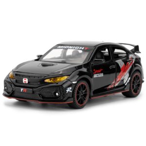 wakakac 1/32 toy car for honda civic type-r diecast toy vehicle metal pull back model car with light and sound for kids adults gift(black)