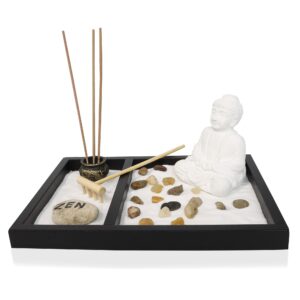 japanese mini zen garden with incense holder, and white miniature buddha statue for relaxation and meditation, perfect home desk decor and gift set - 7" x 8.5" x 6.5"