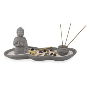 japanese mini zen garden decor, incense holder with buddha statue for relaxation and meditation, gift set perfect for home and office decor