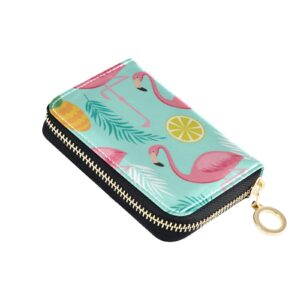 seamless pink flamingos, pineapples and exotic leaves on turquoisegrey credit card coin wallet, rfid blocking compact women leather card holder, key change organizer, zipper purse clutch pouch