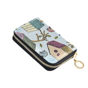 colorful birds and starling houses tree branches blue skygrey credit card coin wallet, rfid blocking compact women leather card holder, key change organizer, zipper purse clutch pouch