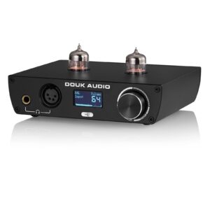 douk audio h2 vacuum tube balanced headphone amplifier amp with xlr, rca, 6.35mm ports and led display for desktop home audio