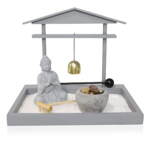 gray japanese zen garden sand box with miniature gold bell design - mini buddha statue in sand - perfect meditation gifts for relaxation and mindfulness - perfect home and office decor