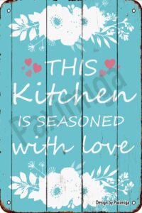 paximiga this kitchen is seasoned with love 8x12 inch metal vintage look decoration plaque sign for home kitchen bathroom farm garden garage inspirational quotes wall decor