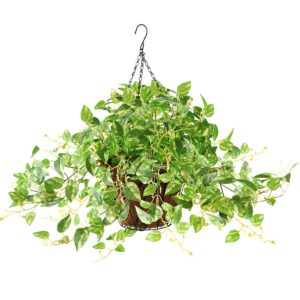 zfprocess artificial flowers hanging basket with artificial ivy vine for outdoor/indoor,fake ivy vine flowers in coconut lining hanging basket,4 branches ivy vine flowers in 12'' basket(green)