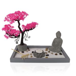 japanese zen garden lotus candle holder - mini pink bonsai garden with buddha statue or relaxation and meditation - perfect home desk decor and gift set - gray, 8.75" x 12.5" x 9"