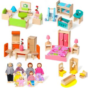 civaner 52 pcs wooden dollhouse furniture set including 8 family dolls miniature doll house accessories 1:12 scale 5 space kits bathroom bedroom living room dining room kitchen gift for christmas