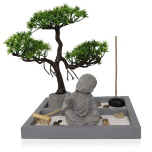 gray mini japanese zen sand garden set with incense holder, calming bonsai and miniature buddha statue - zen decor for relaxation and meditation - home decor, office accessory, gift set