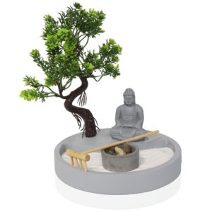 round shape, zen garden tealight candle holder with a mini buddha statue and a bonsai tree - a perfect japanese art for relaxation and meditation - free your mind with our mini zen garden decor, gray