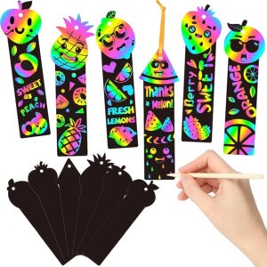 haooryx 60pcs fruits scratch rainbow bookmarks, 6 style hawaii tropical fruit diy magic scratch cards bookmark gift tag paper art craft kit for summer theme party favor school classroom craft supplies