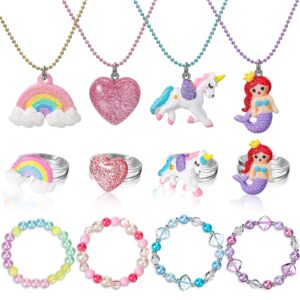 12 pcs girls necklaces bracelets and rings set with unicorn mermaid rainbow heart shell star pendants girls jewelry set party favors friendship pretend dress up play jewelry (cute style)