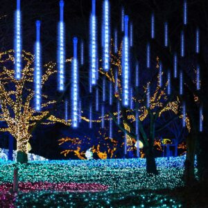 christmas decorations, outdoor solar christmas lights, 12 inch 8 tube 144 led ip65 waterproof falling meteor shower rain lights for holiday xmas wedding party garden home patio yard tree decor (blue)