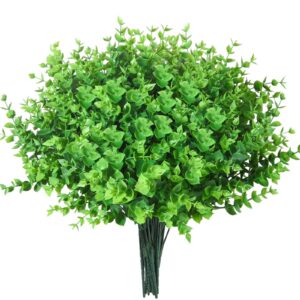 artificial plants flowers fauk boxwood shrubs 6 pack artificial farmhouse greenery stems fake plastic plants lifelike greenery foliage with 42 stems for home garden patio yard indoor outdoor decor