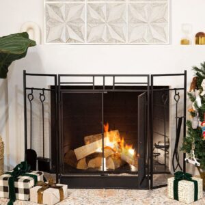 barton 3-panel folding fireplace screen w/magnetic doors and 4-pieces fire place tools set home steel fire spark guard, black