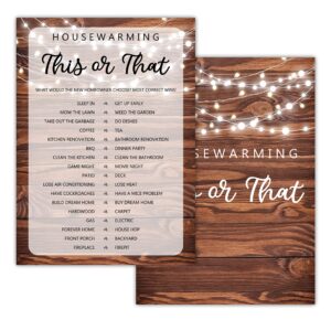 housewarming party games, this or that, rustic new home, new house, new homeowner party games cards, 30 sheets each pack