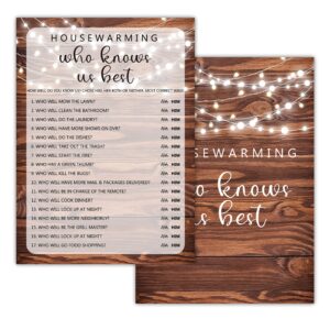 housewarming party games, who knows us best, rustic new home, new house, new homeowner party games cards, 30 sheets each pack