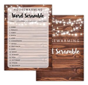 housewarming party games, word scramble, rustic new home, new house, new homeowner party games cards, 30 sheets each pack