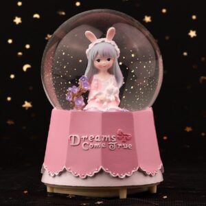 tinmix snow globe - pink lolita girl snowglobe, resin musical snow globe with 7 colors lights, home decoration ornaments