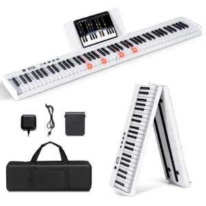 costzon 88-key foldable digital piano keyboard, full size semi-weighted keyboard, portable electric piano w/lighted keys, support usb/midi, speakers, sustain pedal & carrying bag for beginner (white)