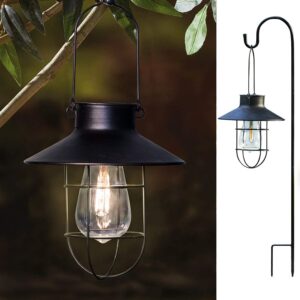 hanging solar lights lantern lamp with shepherd hook,metal waterproof edison bulb lights for garden outdoor pathway (black)