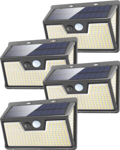 320 led solar outdoor lights, 4 pack solar motion lights outdoor with 3 lighting modes, ip65 waterproof solar powered outdoor lights, motion sensor outdoor lights for garden, yard, garage, patio