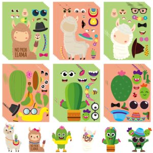 watinc 36pcs make your own llama cactus stickers, make a face animal sticker craft game, diy art cards good gift for school, kids goodie bag filler reward fiesta mexican alpaca party favor supplies