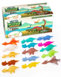 pick a toy stretchy slingshot dinosaur finger toys, 36 set mini rubber dinosaurs party favors, kids prizes and stocking stuffer toy, finger flingers catapult toys as flying chicken slingshot