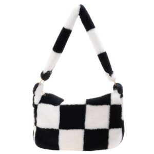 jqwsve fluffy tote bag furry shoulder bag for women black and white checkered bag large plush bag fluffy purse for autumn and winter