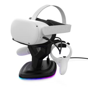 amvr rgb stand holder compatible with oculus/meta quest 3/quest 3s/quest 2/quest pro/pico 4/psvr 2, vertical vr headset charging dock, colorful breathing light